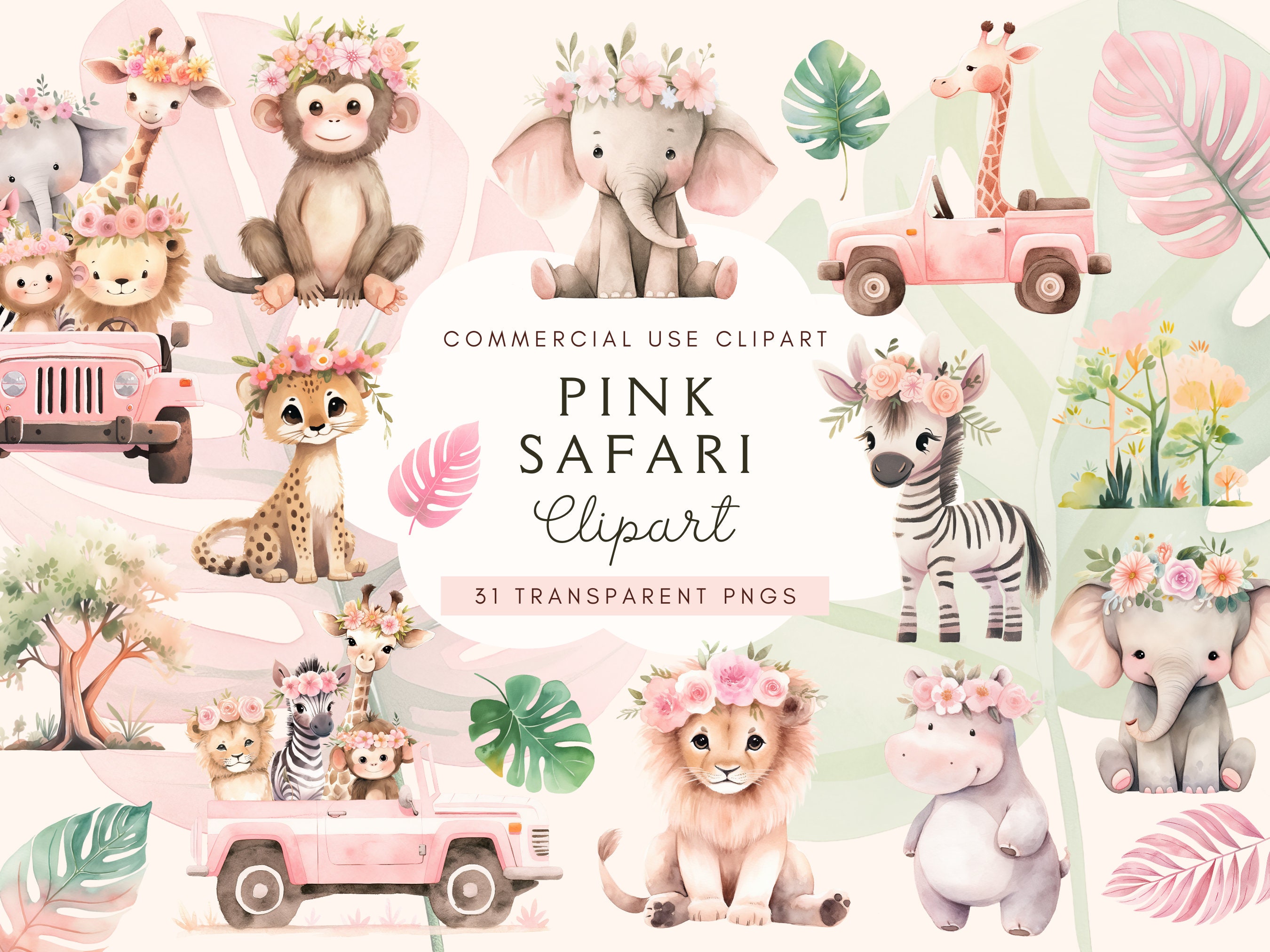 Pink Safari Animals Clipart Baby Girl Clipart Png Safari Nursery Decor ...