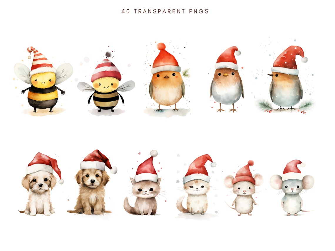 Christmas Animals Watercolor Clipart Animals With Santa Hat - Etsy