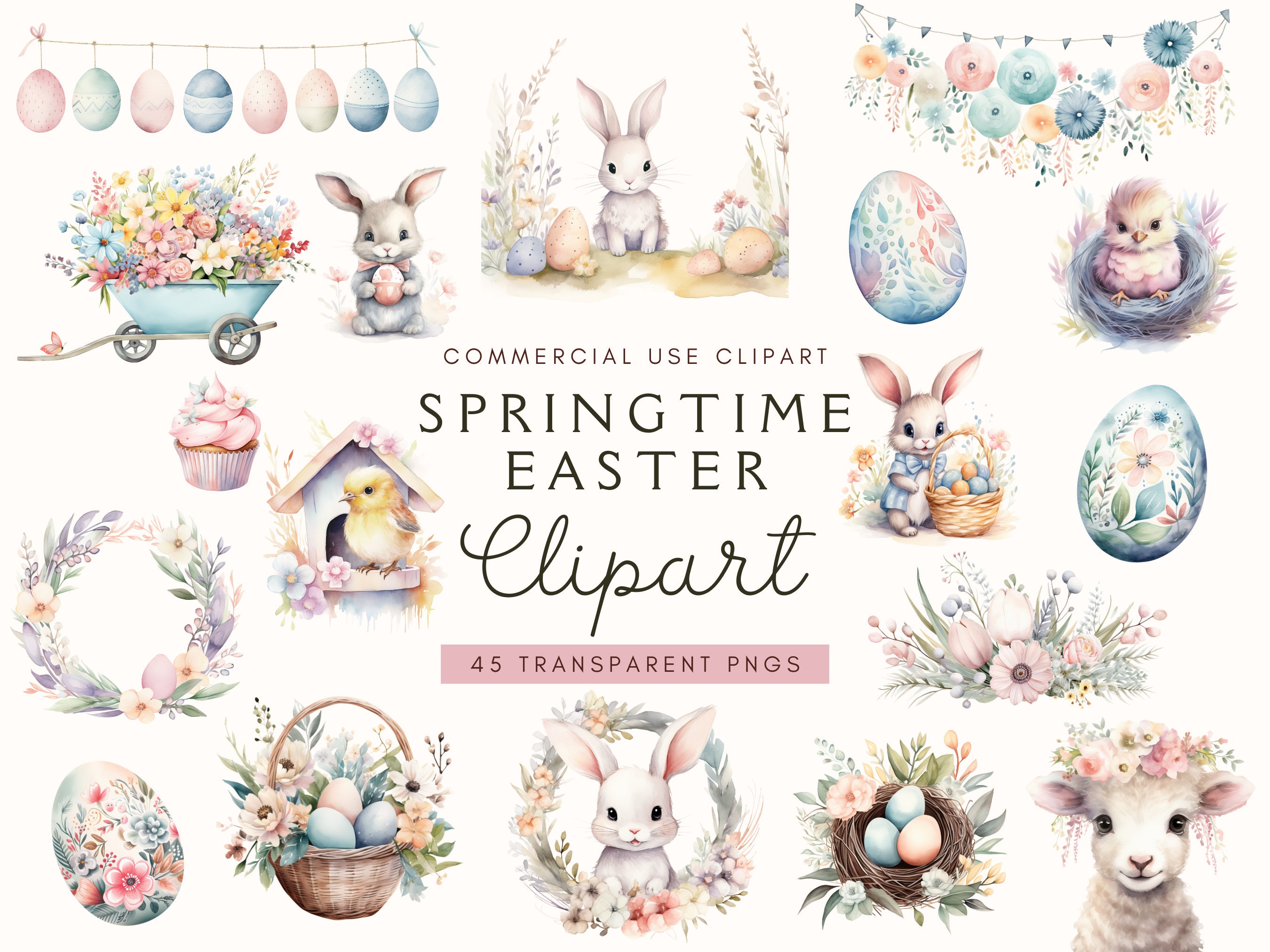 Watercolor Easter Bunny Clipart Bundle Easter Basket Clip Art Spring ...