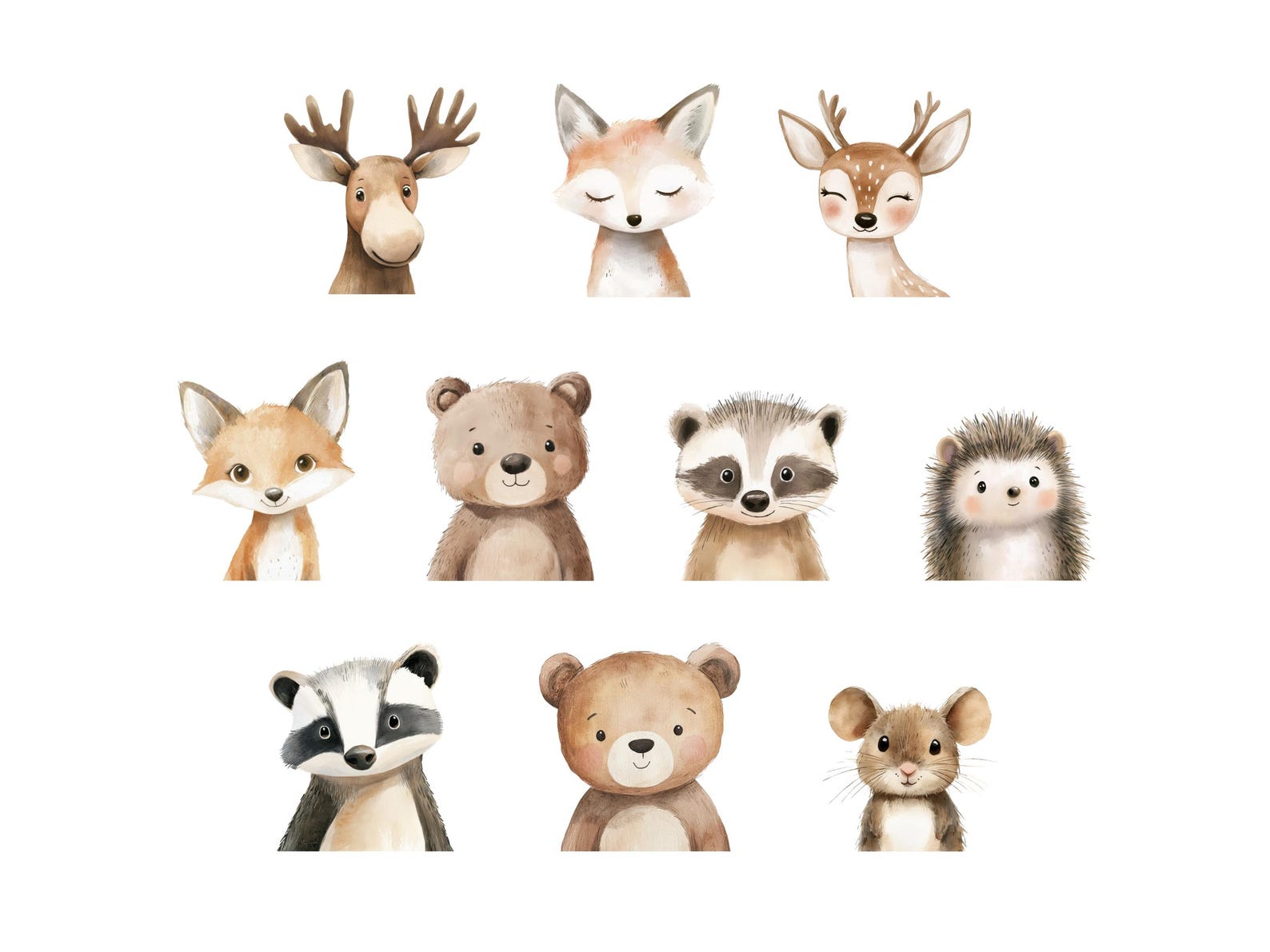 Watercolor Woodland Clipart | Cute Boho Animal Faces | Baby Animal ...