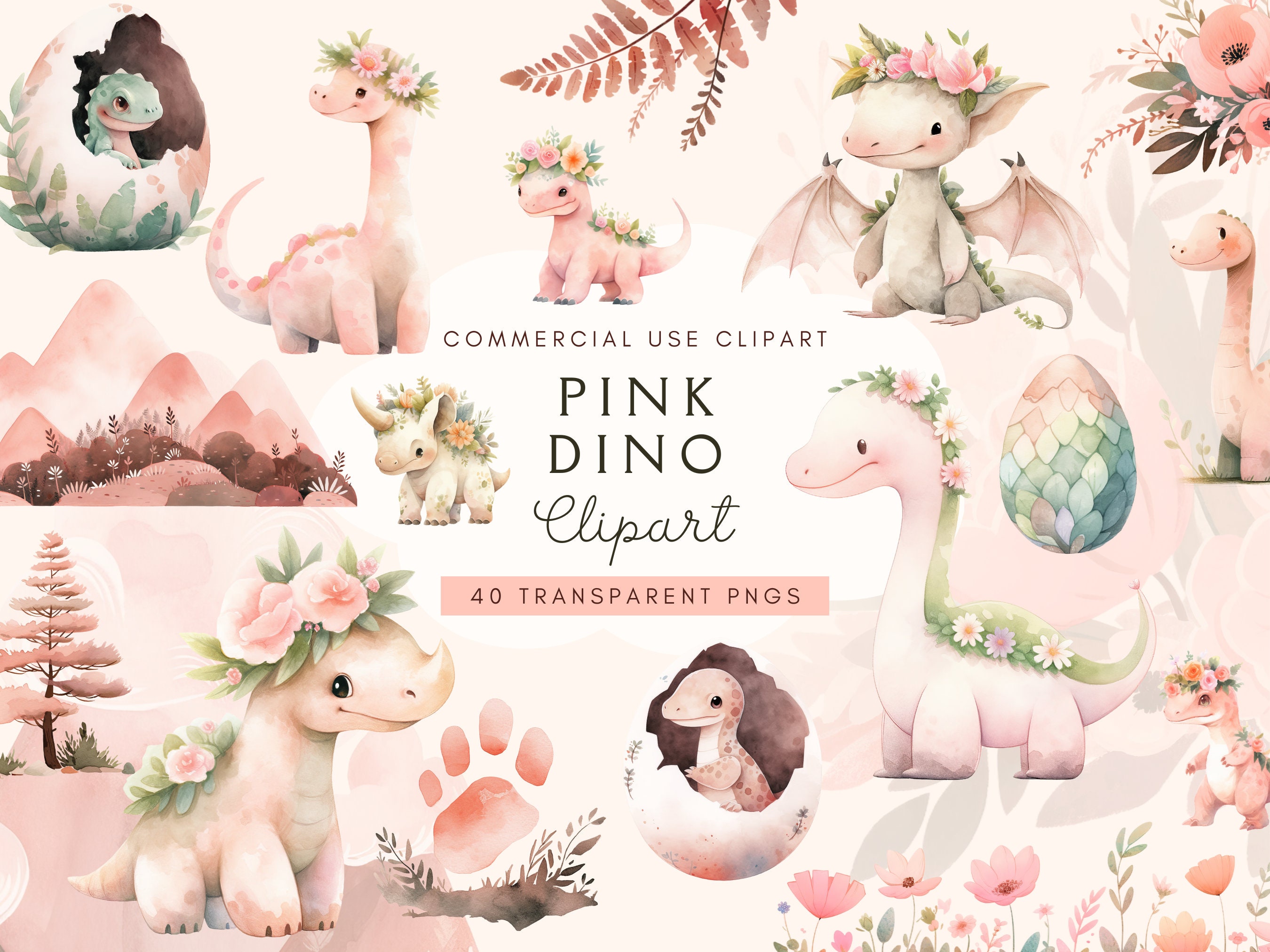 Girly Dinosaur Clipart Pink Dino Png Baby Shower Transparent Commercial ...