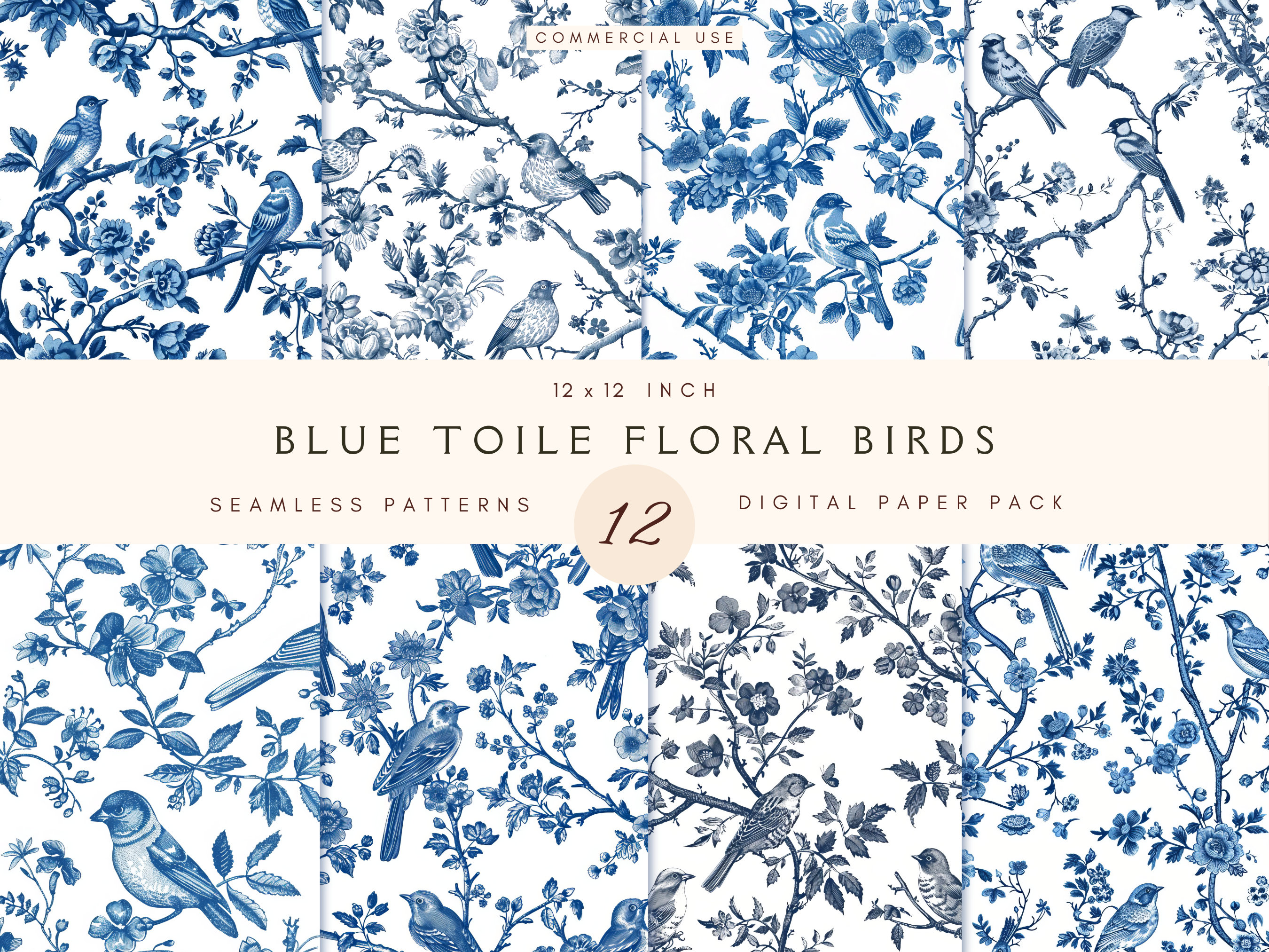 Blue Toile Floral Birds Seamless Pattern | Commercial Use Png | Digital ...
