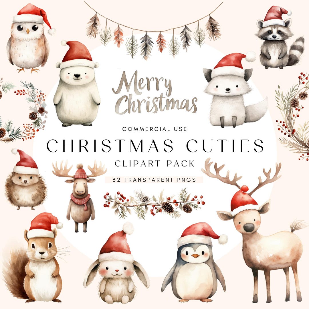 Christmas Clipart | Cute Animals With Santa Hats Bundle | Woodland ...