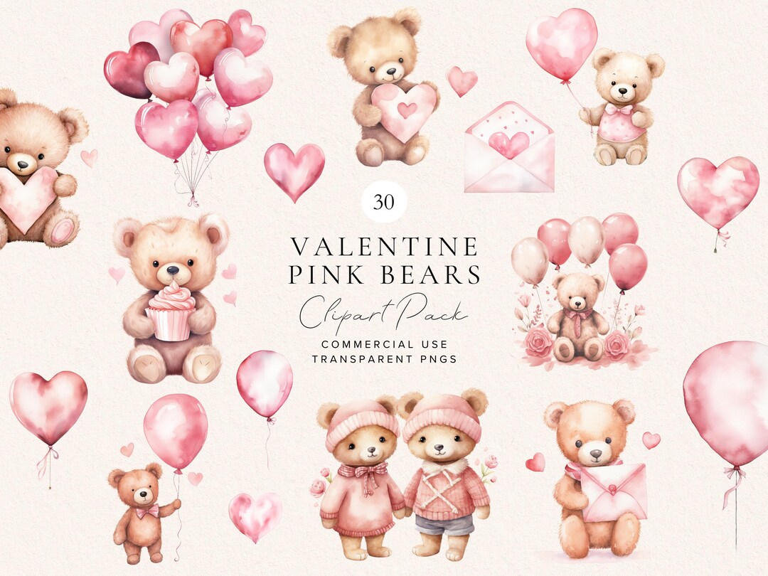 Pink Valentine Bears Clipart | Watercolor Bear Clipart | Valentine's ...