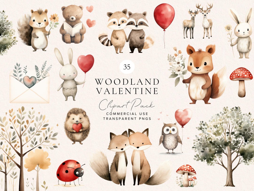 Woodland Valentine Clipart Bundle | Cute Baby Animals PNG | Valentines ...