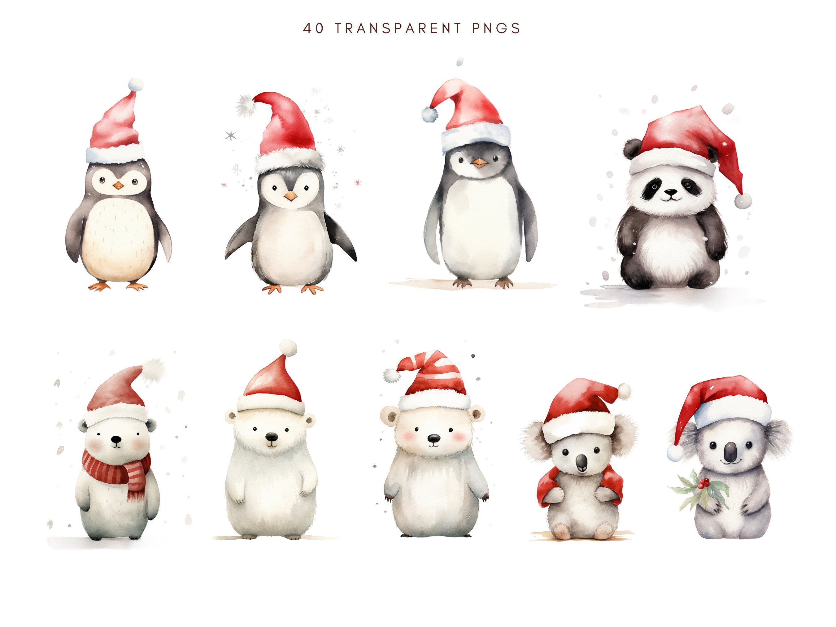 Christmas Animals Watercolor Clipart Animals With Santa Hat - Etsy