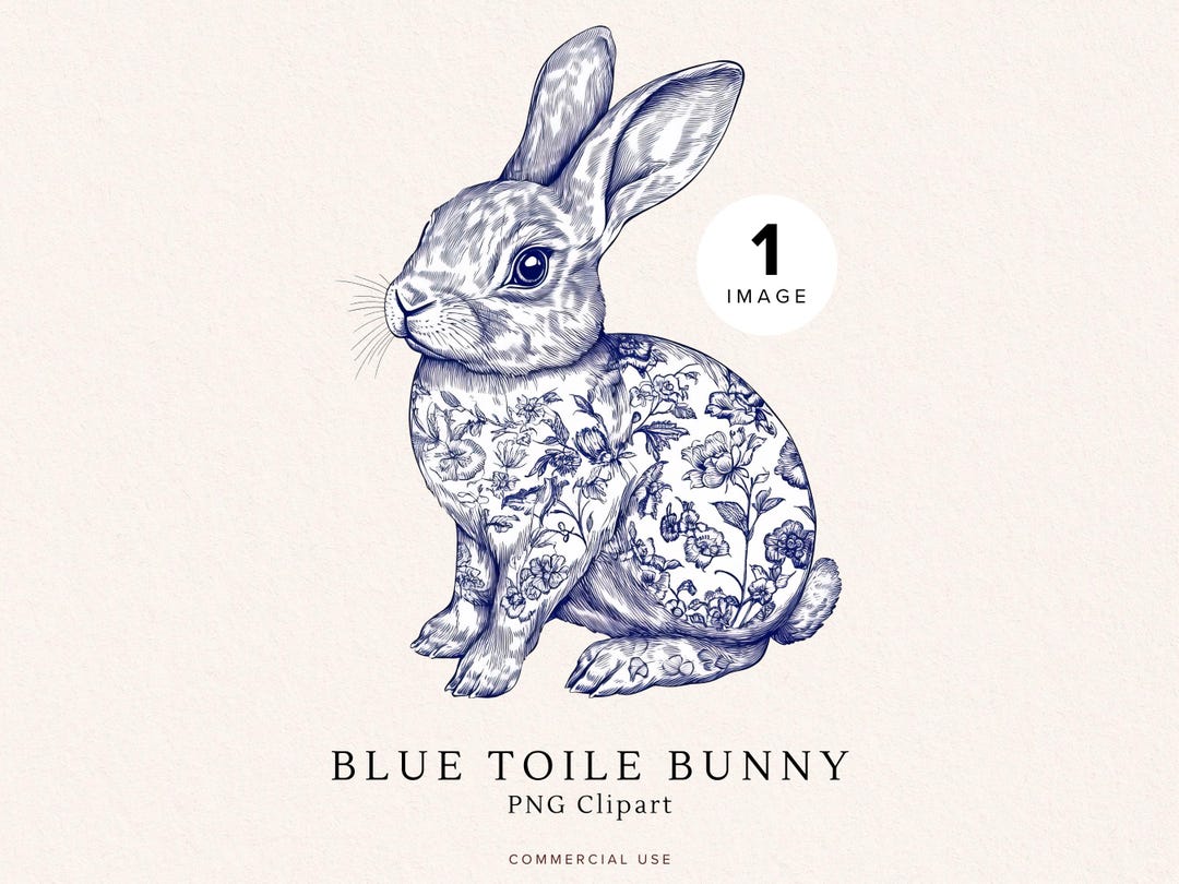 Blue Toile Bunny Rabbit Clipart | Vintage Easter Bunny | Spring Art ...
