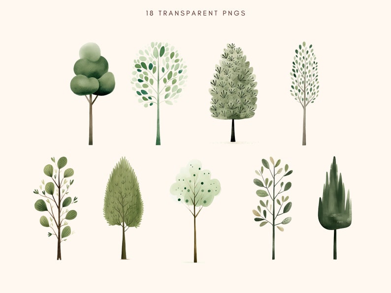Watercolor Trees Clipart Whimsical Trees Clip Art Greeting Card Cute ...