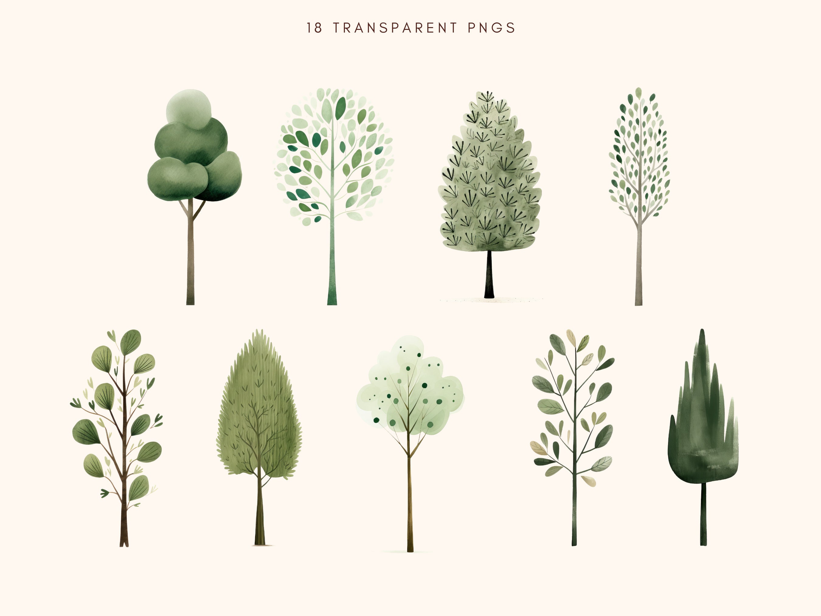 Watercolor Trees Clipart | Whimsical Trees Clip Art | Greeting Card ...