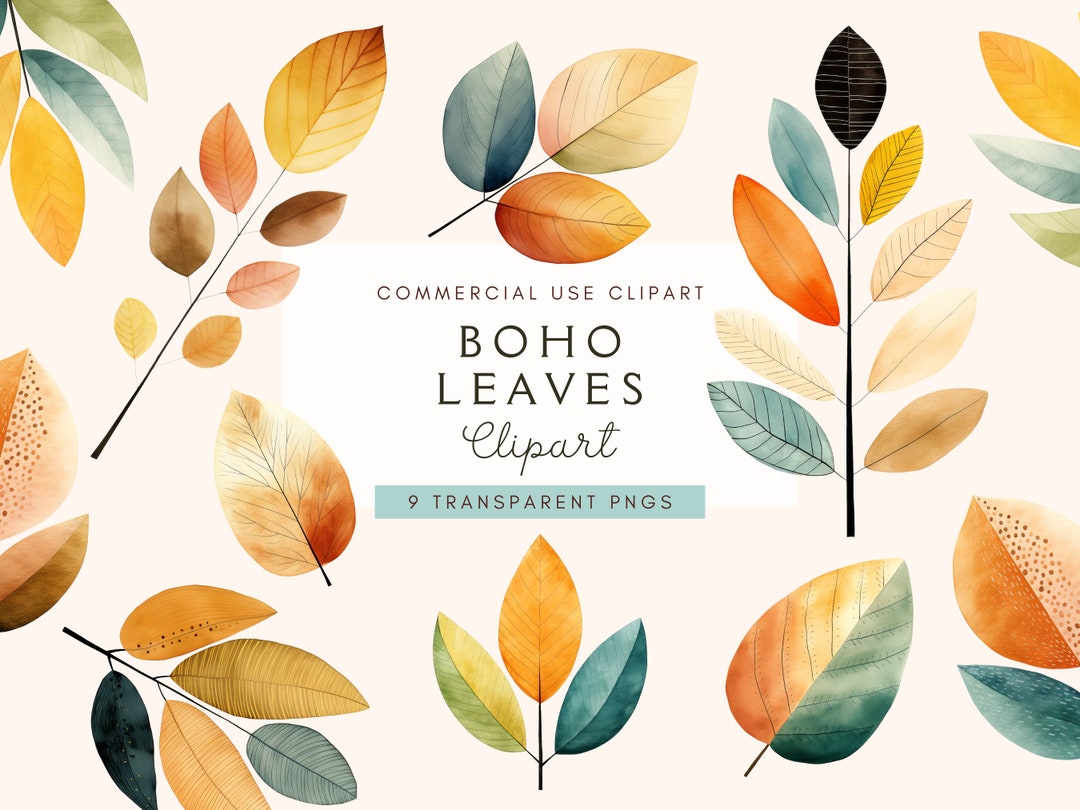 Autumn Boho Leaves Clipart Pack Watercolor Fall Boho Leaf Illustrations ...