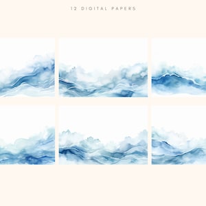 Ocean Waves | Watercolour Digital Paper Pack | Blue Pattern | Instant ...