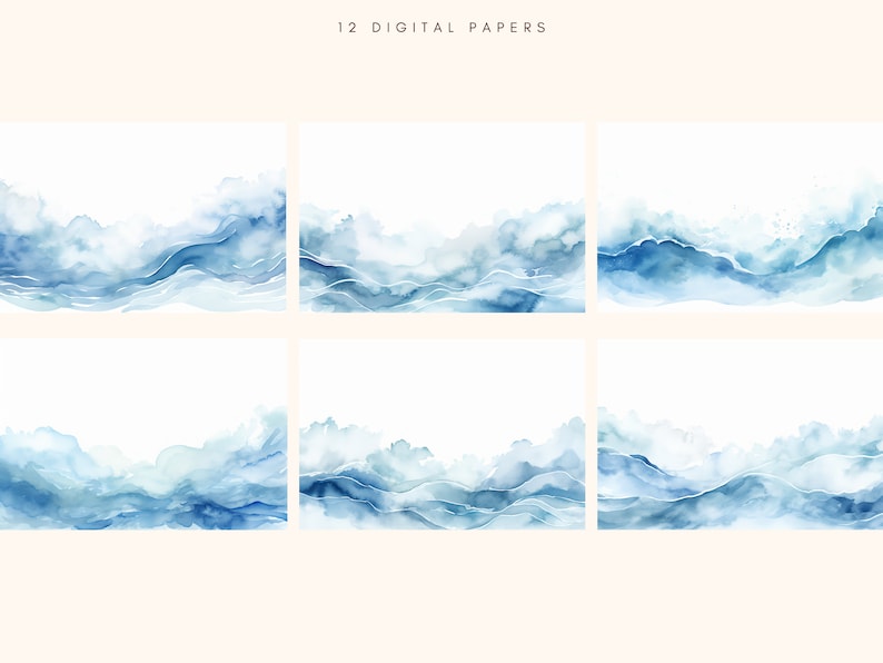 Ocean Waves | Watercolour Digital Paper Pack | Blue Pattern | Instant ...