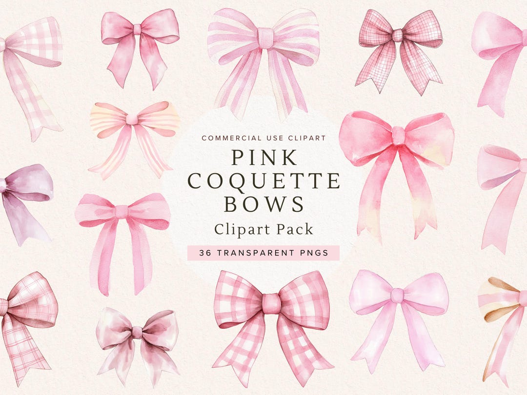 Pink Coquette Bows Clipart | Cute Gingham | Watercolor Ribbon PNG ...