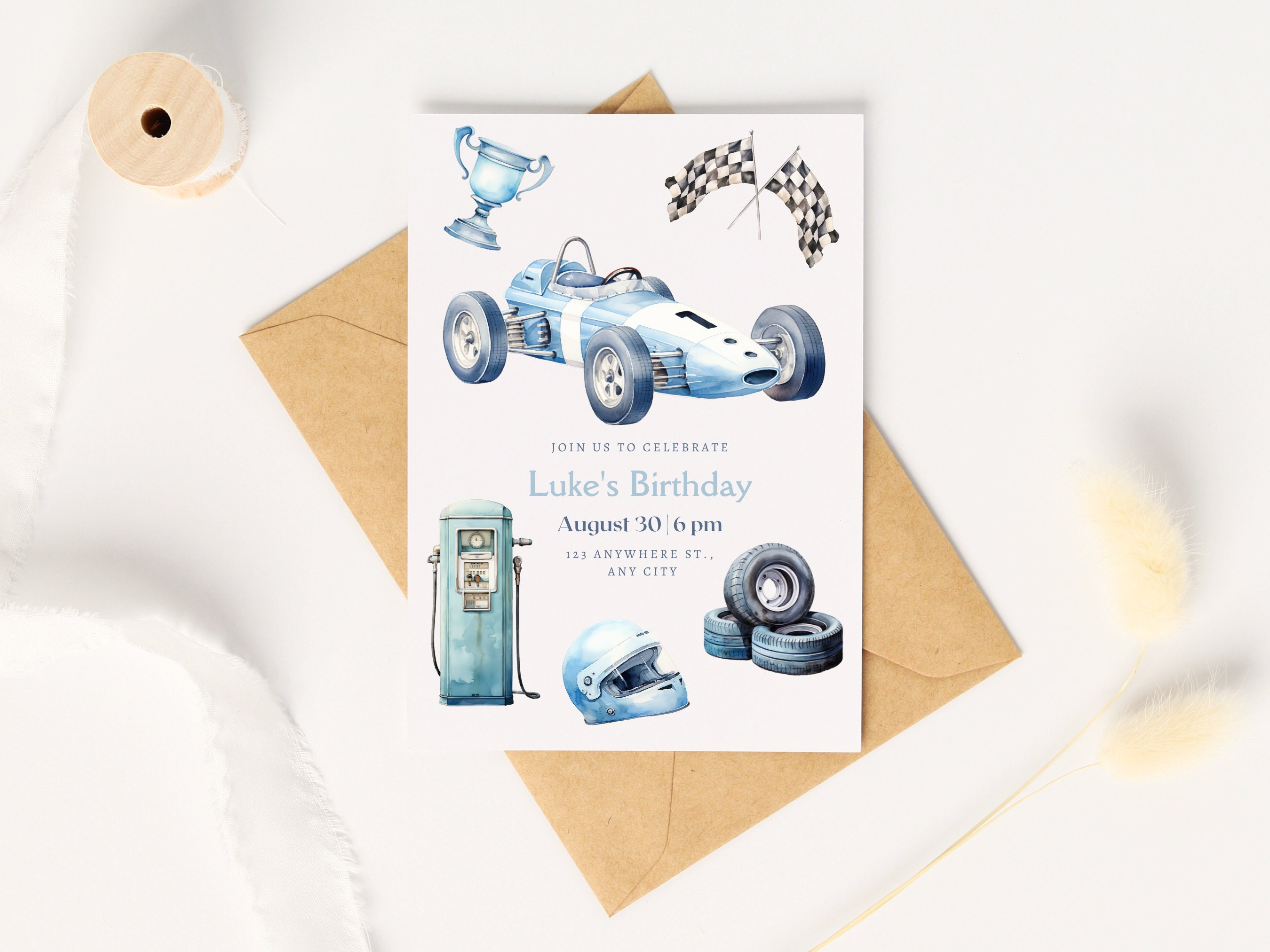 Retro Race Car Clipart Blue Watercolor Vehicle Clipart Card Making ...