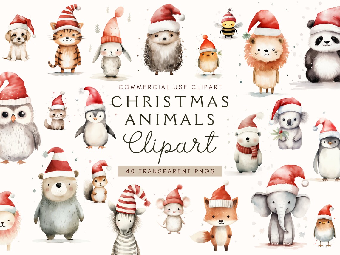 Christmas Animals Watercolor Clipart Animals With Santa Hat - Etsy