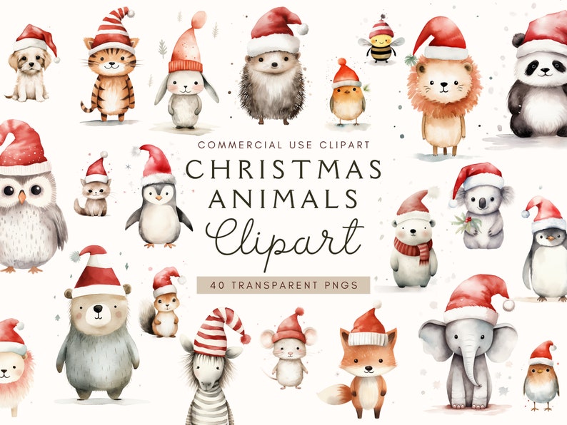 Christmas Animals Watercolor Clipart Animals With Santa Hat - Etsy
