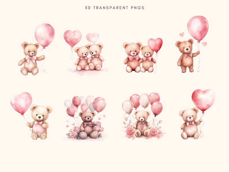 Pink Valentine Bears Clipart | Watercolor Bear Clipart | Valentine's ...