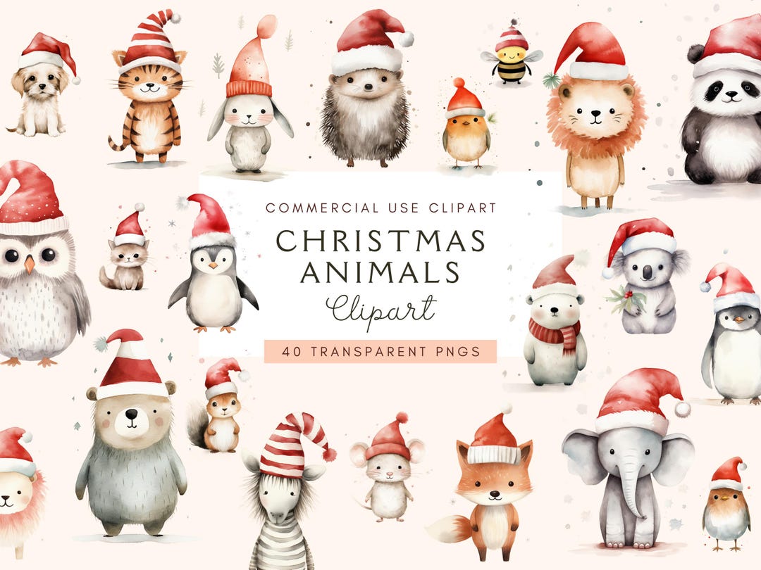 Christmas Animals Watercolor Clipart | Animals With Santa Hat | Santa ...