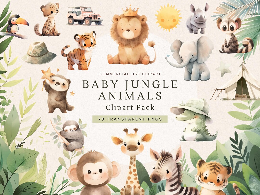 Cute Safari Animal Clipart | Baby Jungle Animals Png Bundle ...