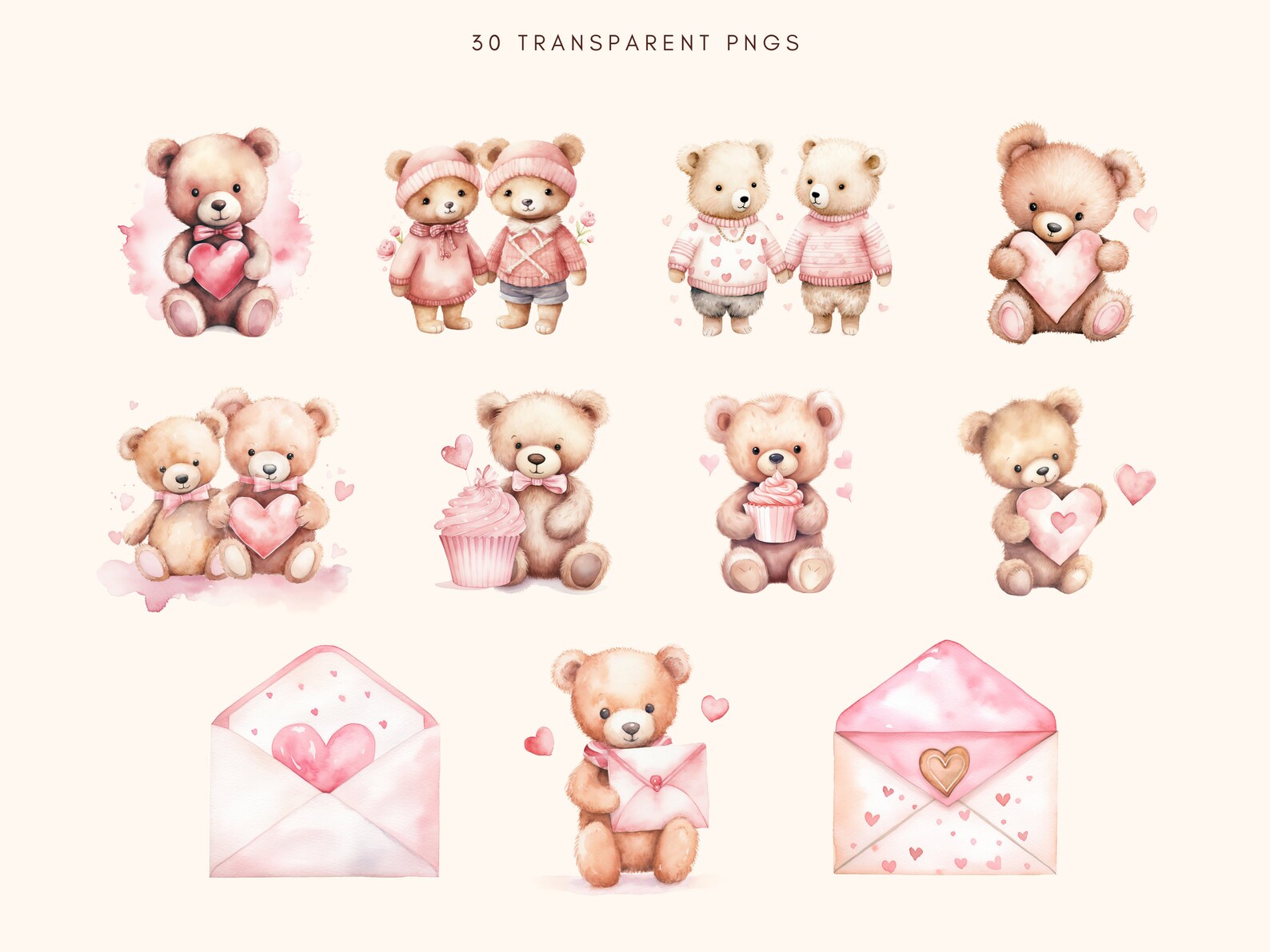 Pink Valentine Bears Clipart | Watercolor Bear Clipart | Valentine's ...