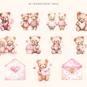Pink Valentine Bears Clipart | Watercolor Bear Clipart | Valentine's ...