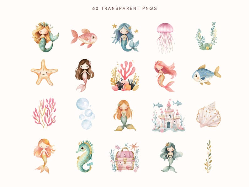 Pastel Mermaid Clipart Pack | Watercolor | Junk Journal | Cute Pink PNG ...