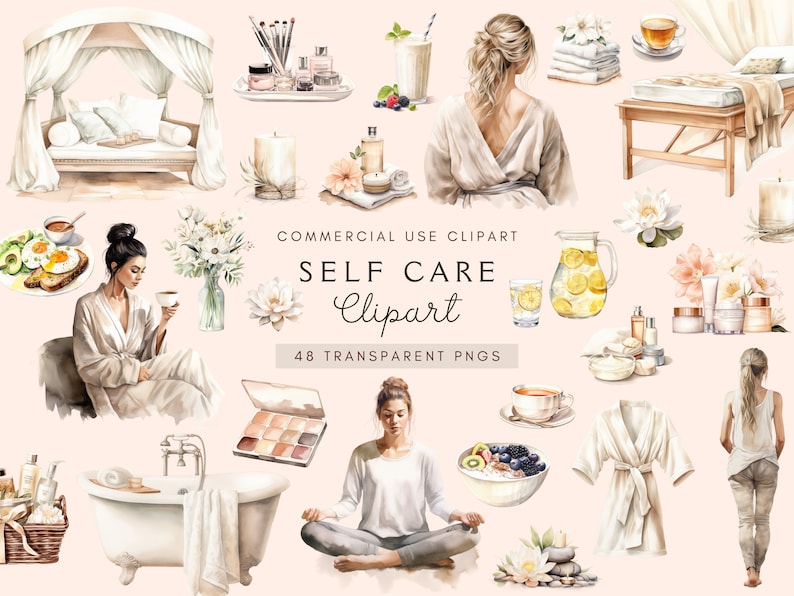 Spa Day Clipart Self Care Clip Art Watercolor Planner Girl Junk Journal ...