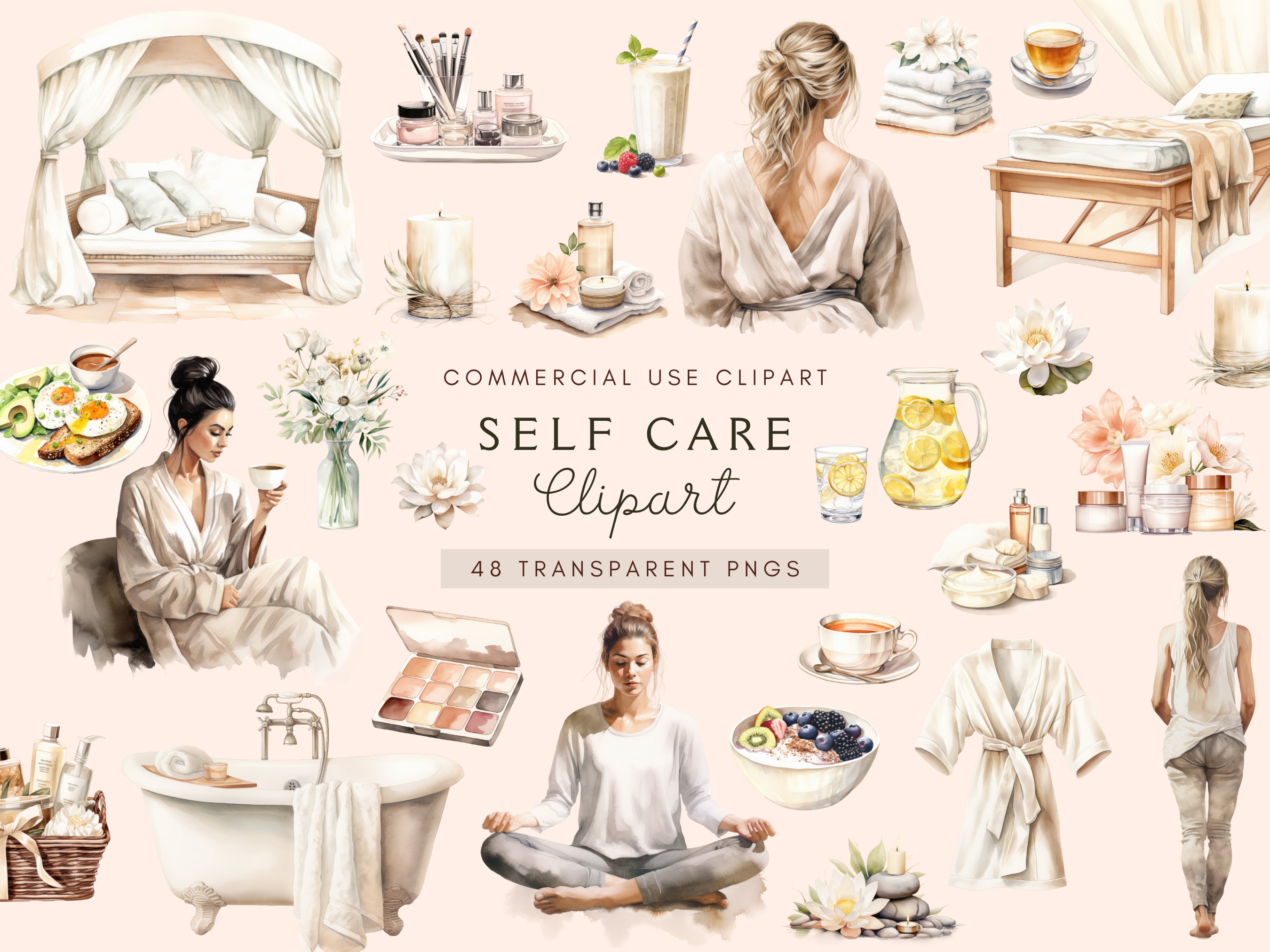 Spa Day Clipart Self Care Clip Art Watercolor Planner Girl Junk Journal ...