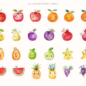 Kawaii Fruit Clipart | Cute Fruit Clip Art | Watercolor Fruit Png ...