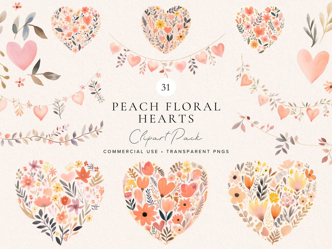 Peach Floral Hearts Clipart Bundle | Watercolor Heart PNG | Crafts ...