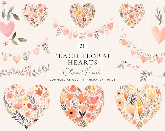 Emma Floral Heart Clipart & Vectors in Antique Peach - Orange Flowers ...