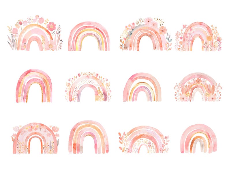 Boho Flowers and Rainbows Clipart | Cute Pink Floral Watercolor ...