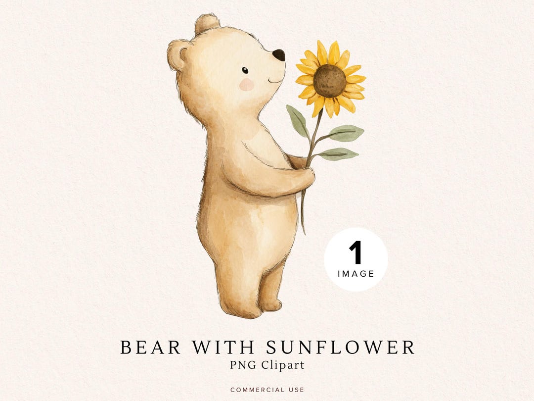 Bear and Sunflower Clipart | Cute Floral Bear PNG | Digital Download ...