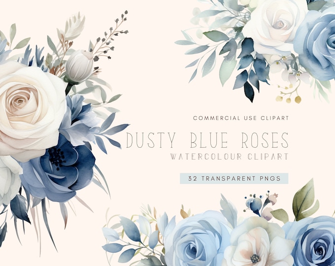 AZURE Blue Watercolor Flowers Clipart, Winter Floral Clip Art, Rustic ...