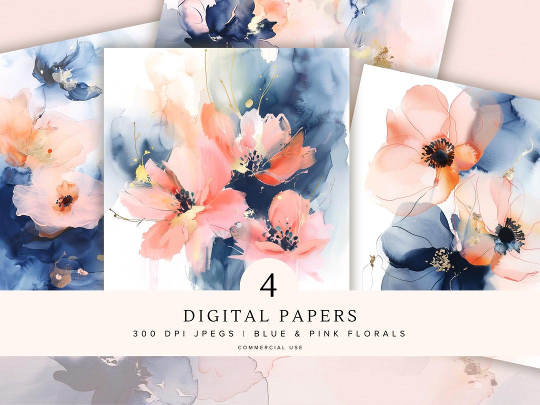 Alcohol Ink Flowers Digital Paper | Blue and Pink | Junk Journal Pages ...