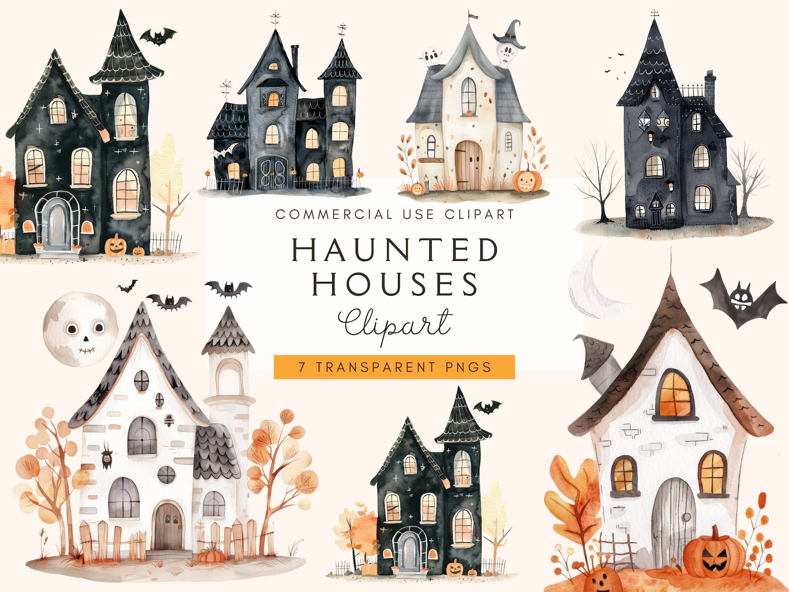 Halloween Haunted Houses Clipart | Watercolor PNG Files | Spooky Clip ...