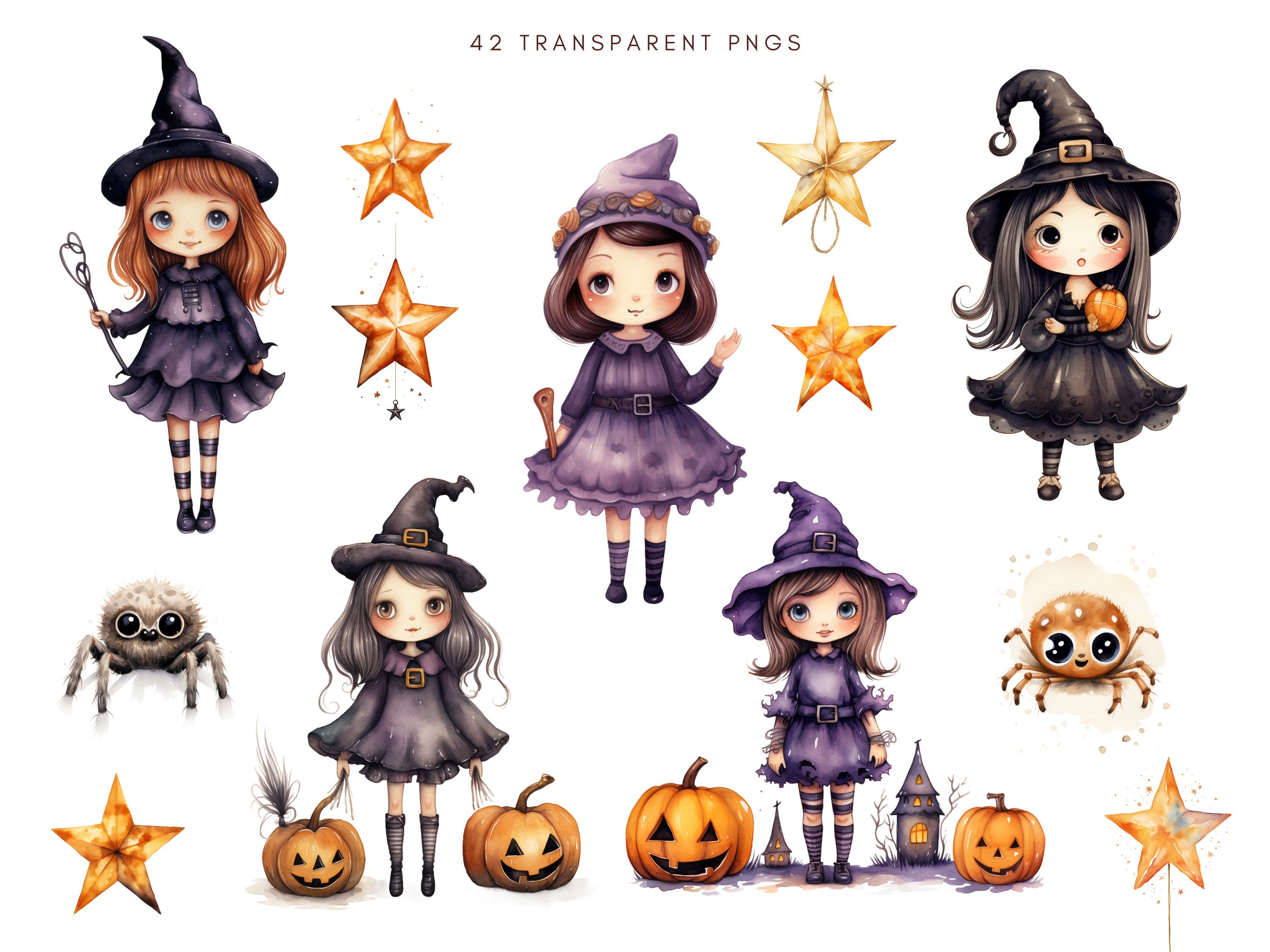 Cute Halloween Clipart Set Ghosts Spiders Witch Bats Instant Download ...