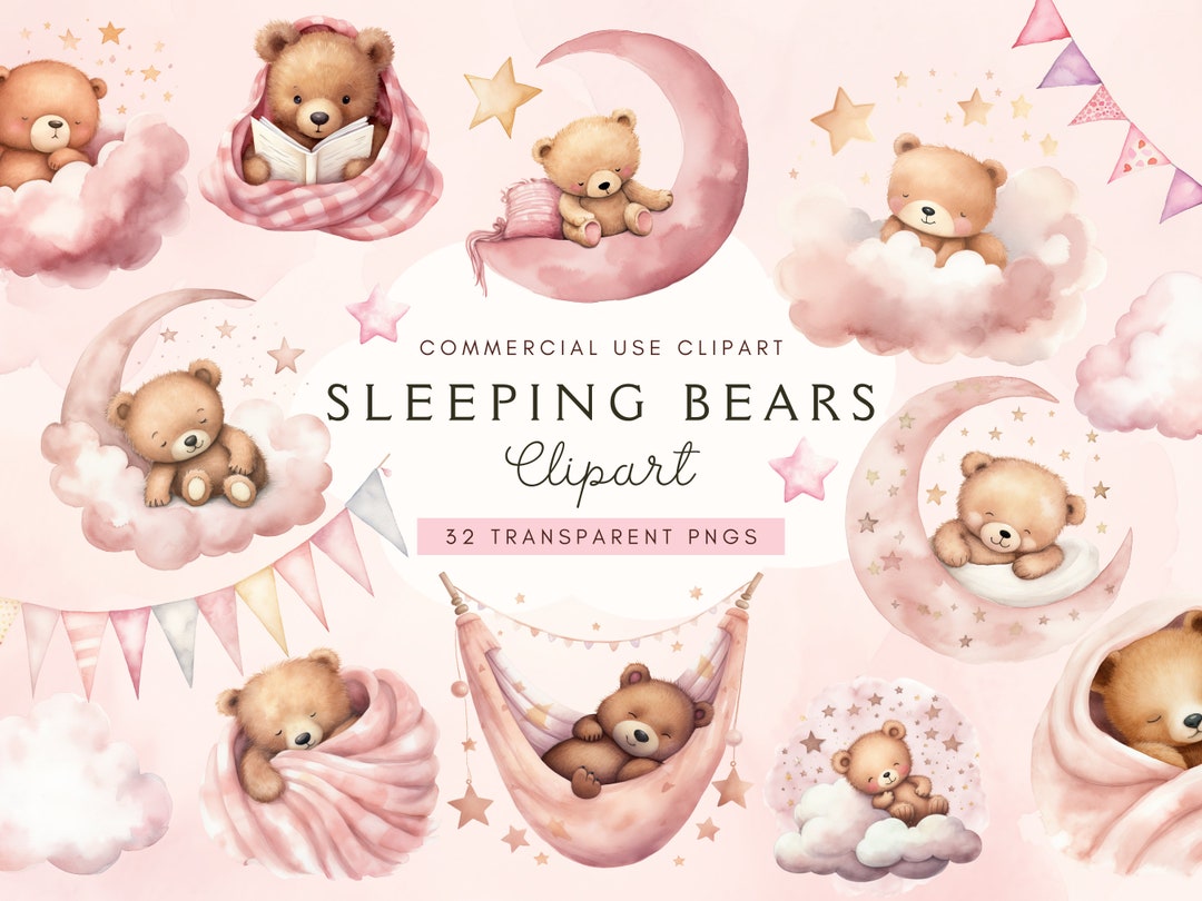 Sleeping Teddy Bears Clipart | Pink | Watercolor Baby Bear | Clip Art ...