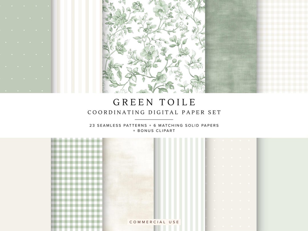 Green Toile Coordinating Digital Paper Set | Seamless Floral Toile ...