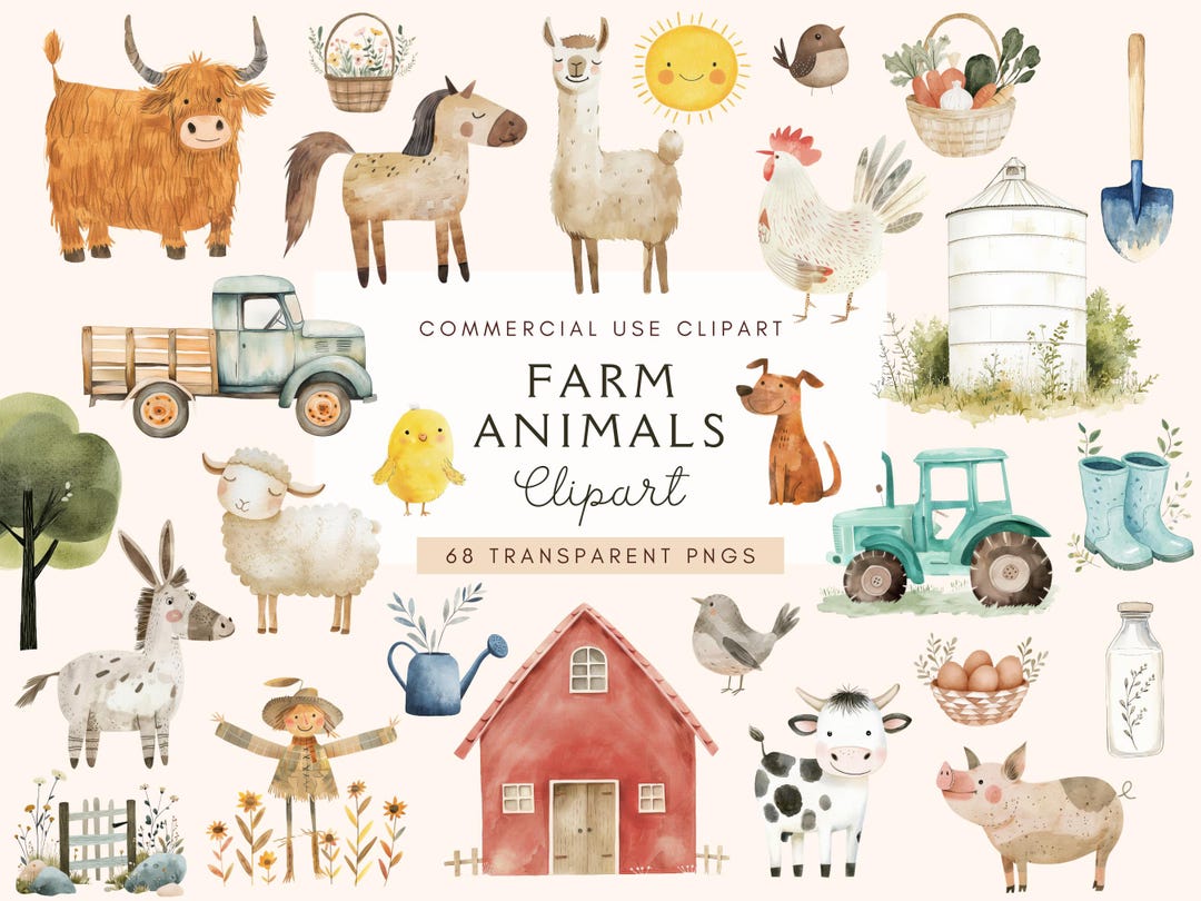 Farm Animals Clipart Pack | Cute Water Color Farm Scene Designs | Wall ...