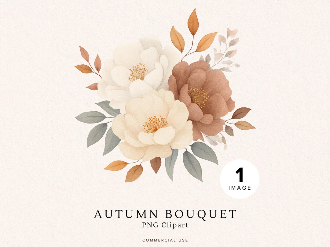 Autumn Flower Bouquet Clipart | Rustic Boho Peony PNG | Watercolor Fall ...