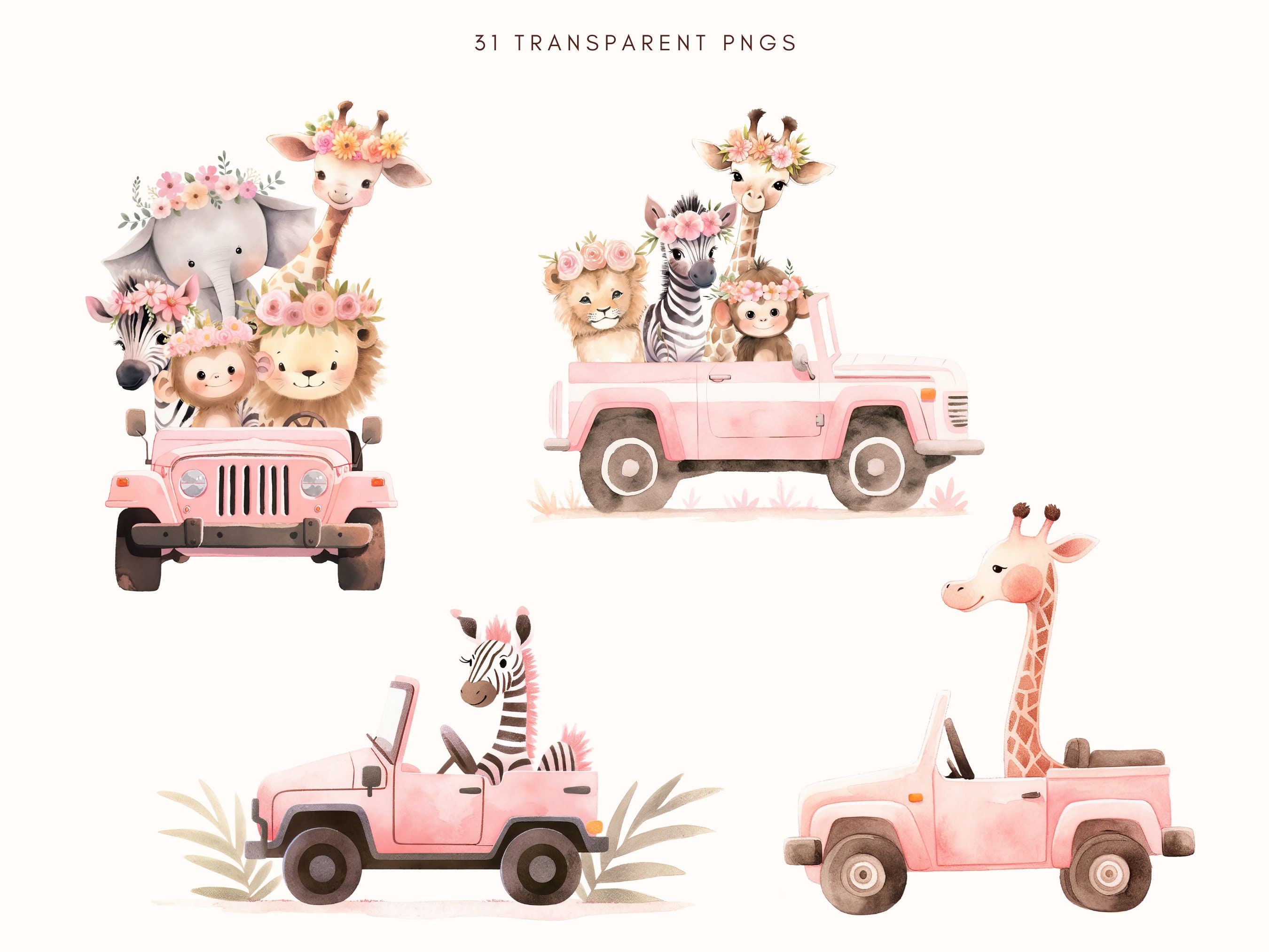Pink Safari Animals Clipart | Baby Girl Clipart Png | Safari Nursery ...