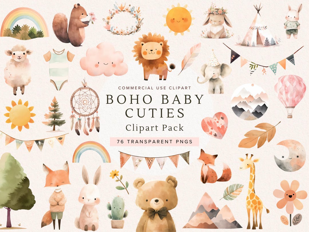 Baby Boho Doodle Clipart | Watercolor Nursery Art | Cute Animal PNG ...