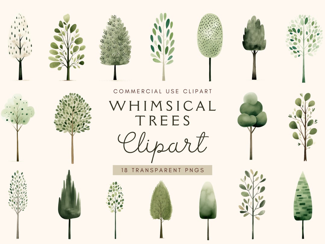 Watercolor Trees Clipart Whimsical Trees Clip Art Greeting Card Cute ...
