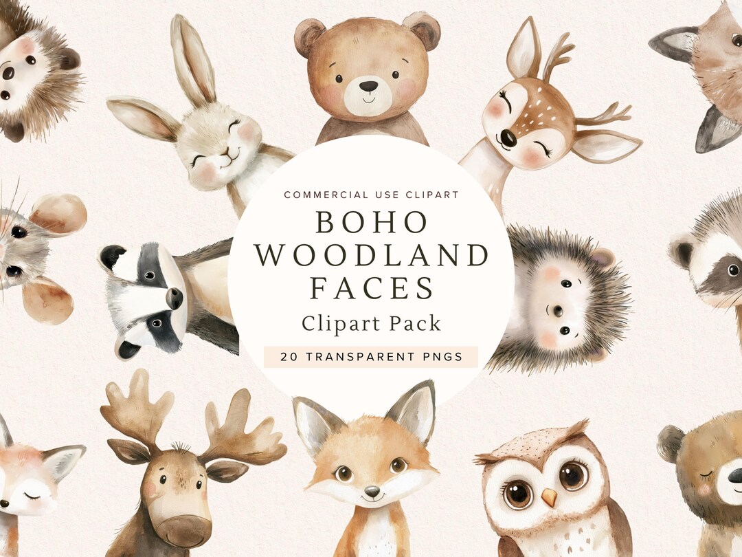 Watercolor Woodland Clipart | Cute Boho Animal Faces | Baby Animal ...