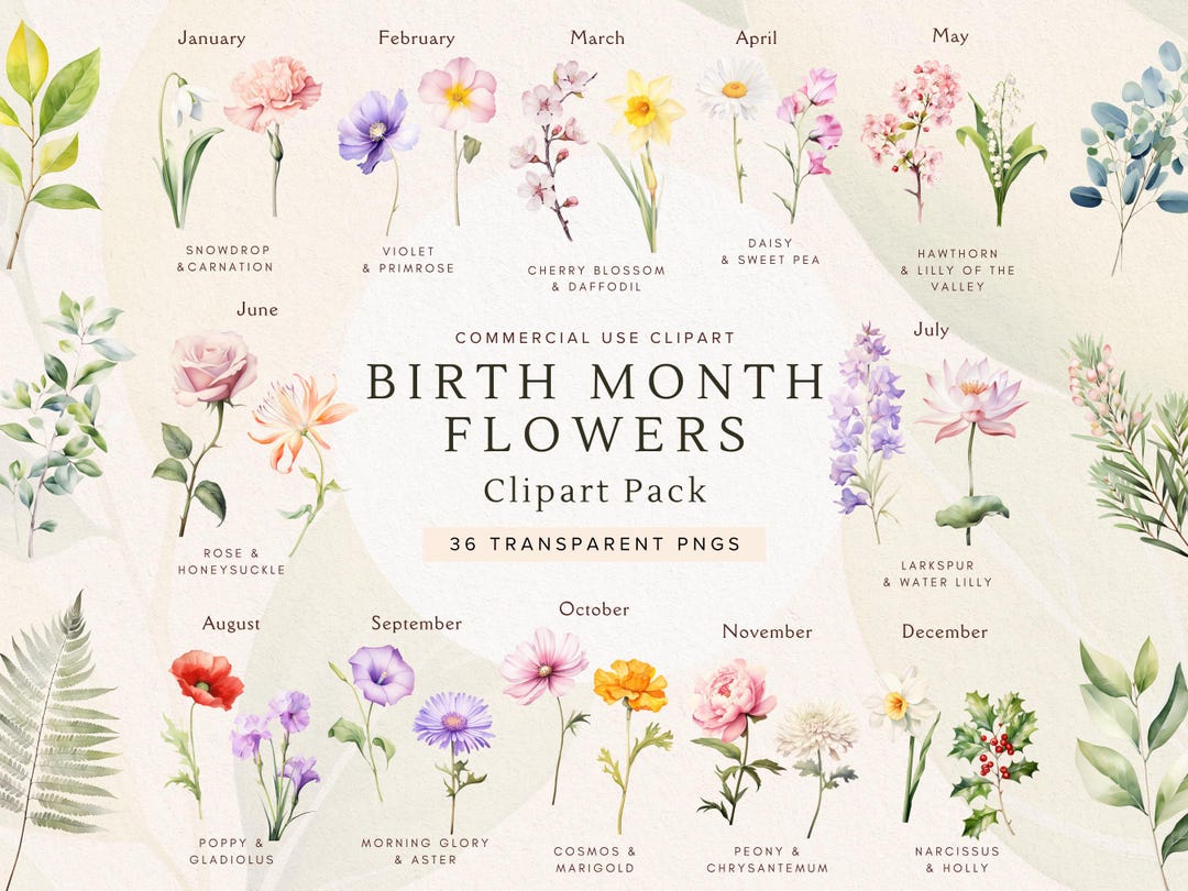 Watercolor Birth Month Flower Clipart | Diy Birth Month Flower Print ...