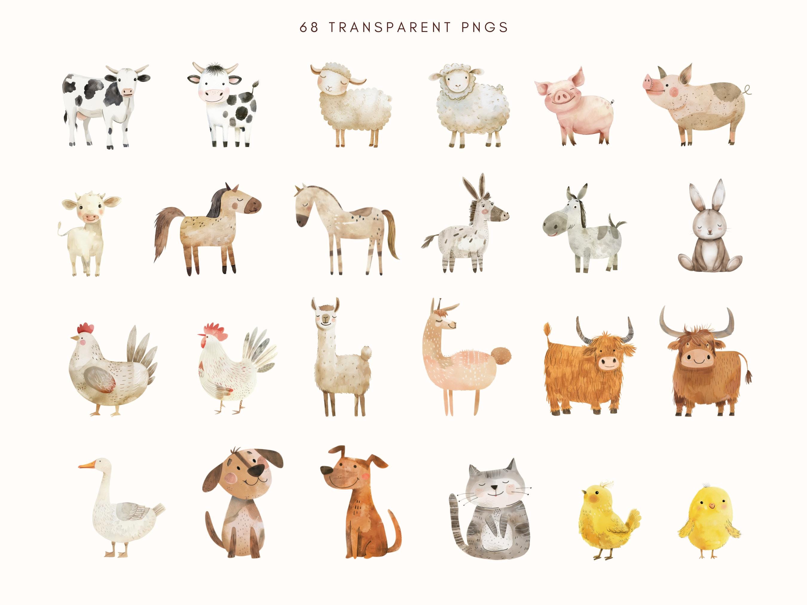 Farm Animals Clipart Pack | Cute Water Color Farm Scene Designs | Wall ...