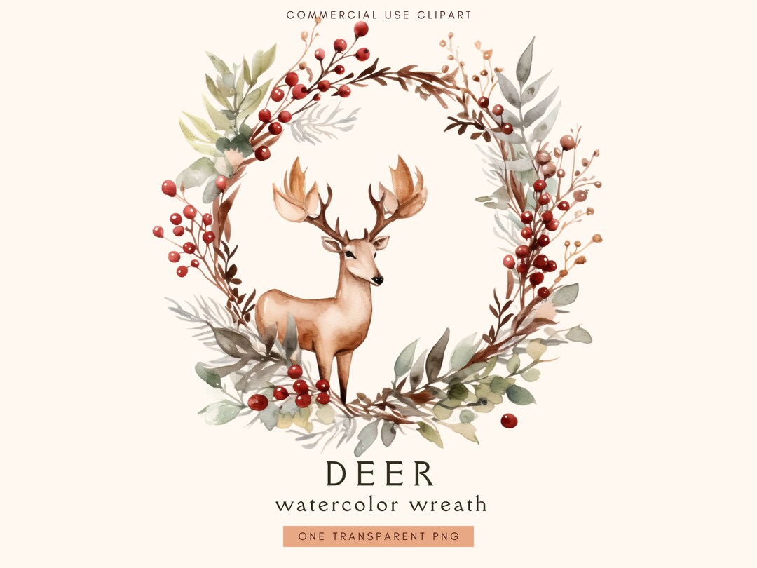 Deer Christmas Wreath Clipart | Cozy Christmas Clipart | Holiday Wreath ...