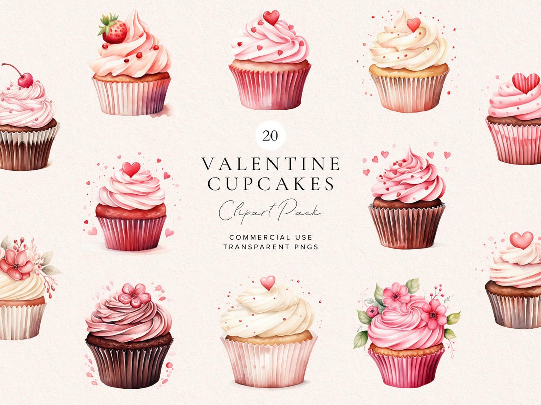 Valentine Cupcake Clipart | Watercolor Valentines Cupcakes Clip Art ...