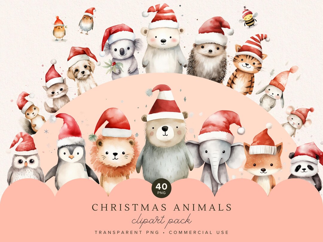 Christmas Animals Watercolor Clipart | Animals With Santa Hat | Santa ...